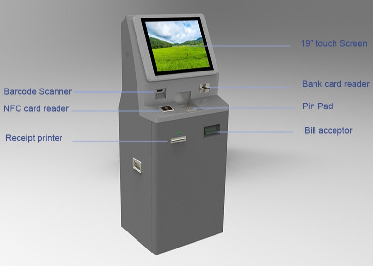 Self-service payment kiosk with cash payment and card dispenser POS