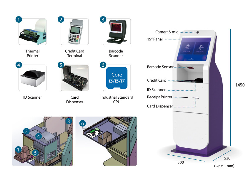 19 Inch Hotel Check In Kiosk With Passport / ID Scanner Hotel Key Card ...